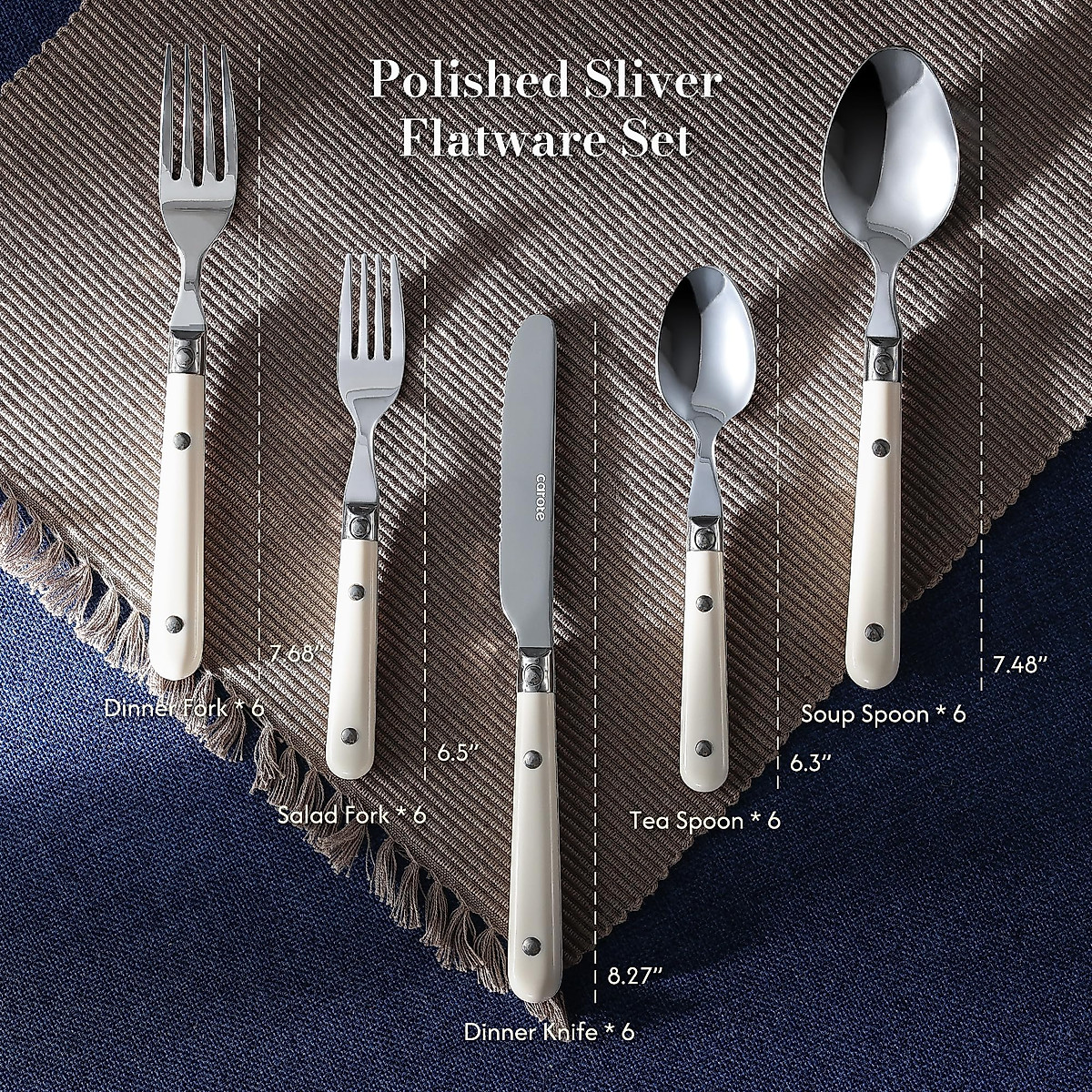 CAROTE 30-Piece Silver set, Stainless Steel Flatware Set with White Handles, Triple-Riveted & Full Tang Design, Kitchen Utensils Set, Mirror Polished, Durable, White