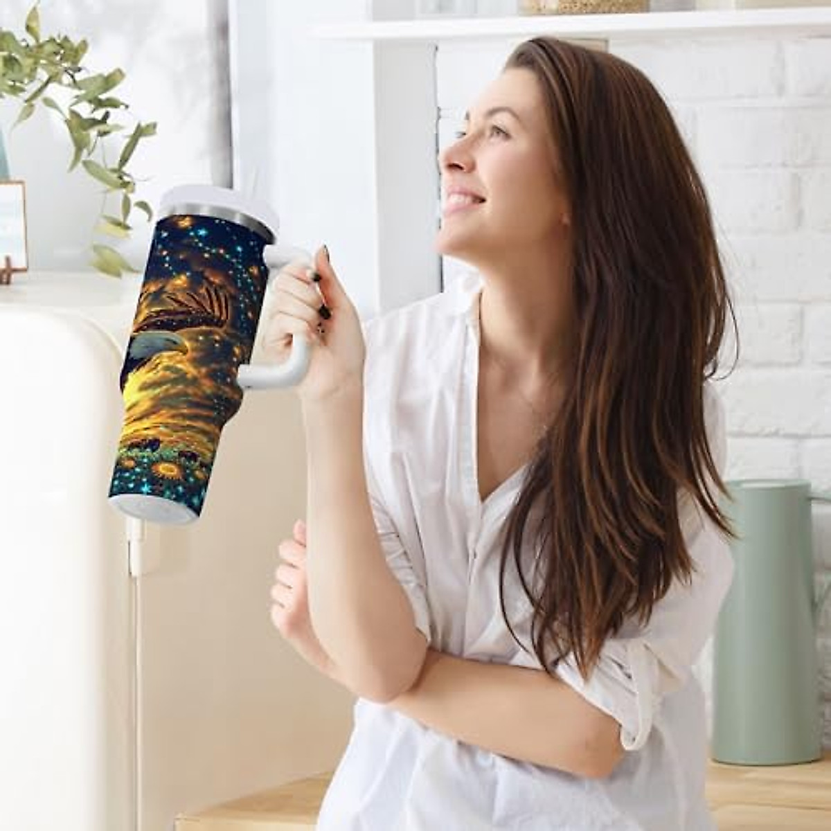 Slewiaeky Tumbler with Handle 40 oz Animal Hawk Beautiful America Travel Mug with Lid and Straw Stainless Steel Vacuum Insulated Water Bottle Cup for Iced Tea Coffee Cold Beverages Cup Holder Friendl