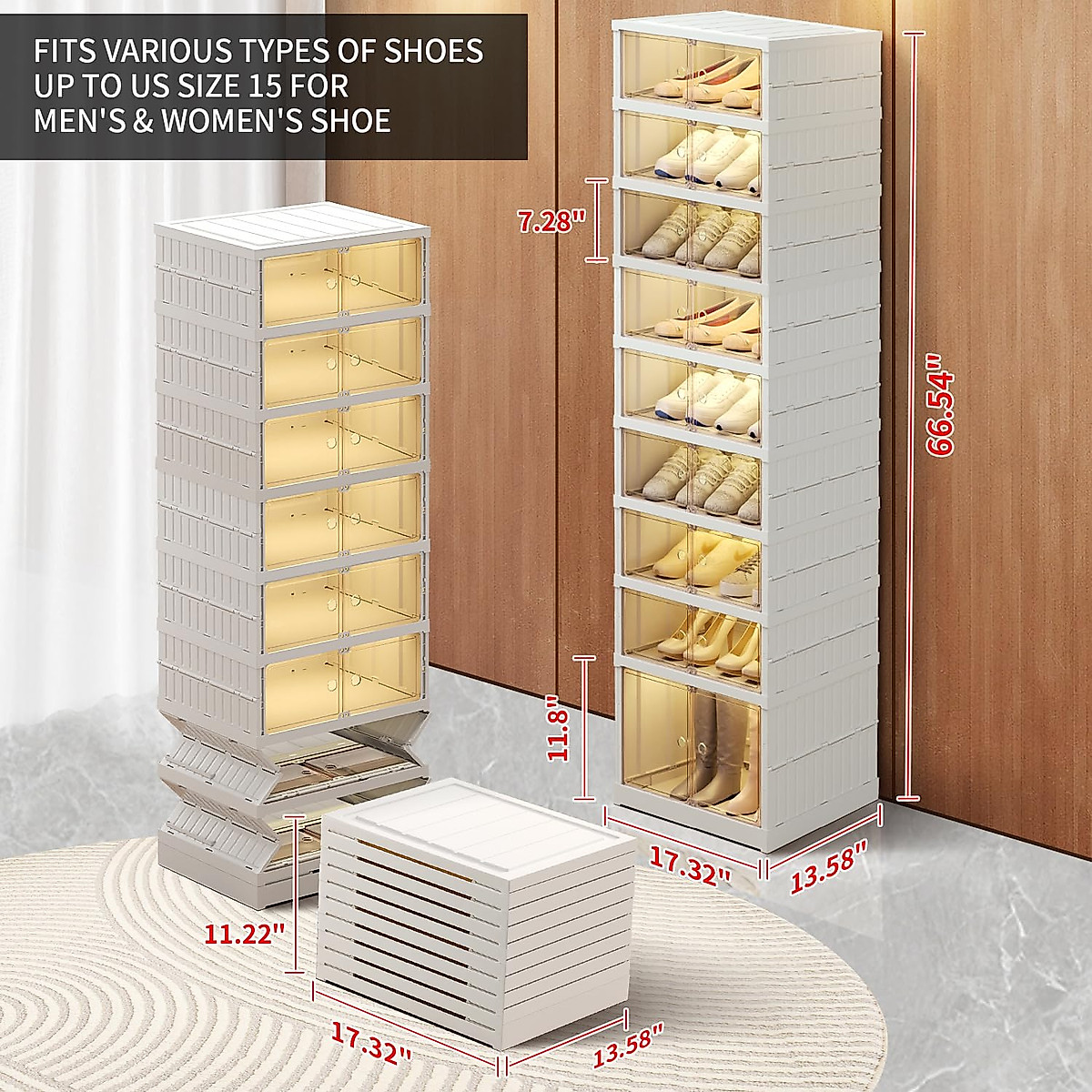 CIMLORD 9-Tier Foldable Shoe Rack Organizer for Closet 18Pairs Plastic Shoe Shelf Collapsible Shoes Storage Box Clear Shoe Boxes Stackable with Door Easy Assembly Shoe Cabinet with Lids Large