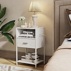 LDTTCUK Nightstand with Charging Station, Modern End Table with Drawer, White Bedside Table with Open Storage for Bedroom