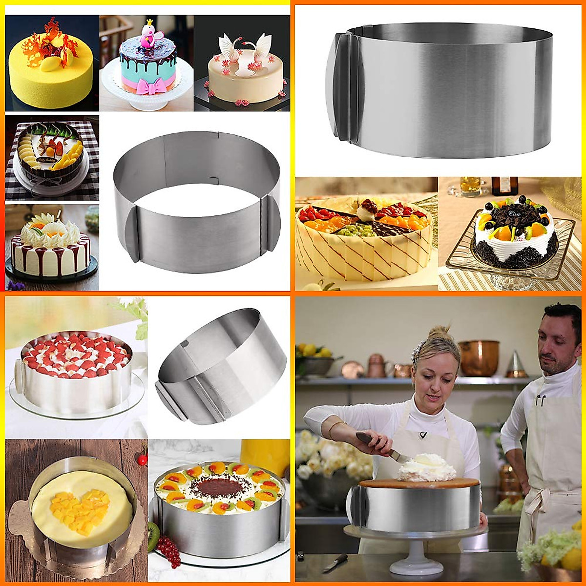 Gutsdoor Adjustable Cake Mold Ring 6-12 Inch Mousse Ring Stainless Steel Cake Mold Set 2-piece Baking Tool (Square+Round)