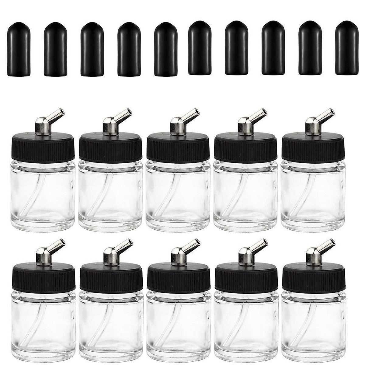 HUBEST 10PCS 22CC Airbrush Glass Bottles with Jar Caps Airbrush jar with 10pcs Adapter Cap Covers Set with 60° Down Angle Adaptor Lid Assembly for Master, Iwata Single Action Airbrush