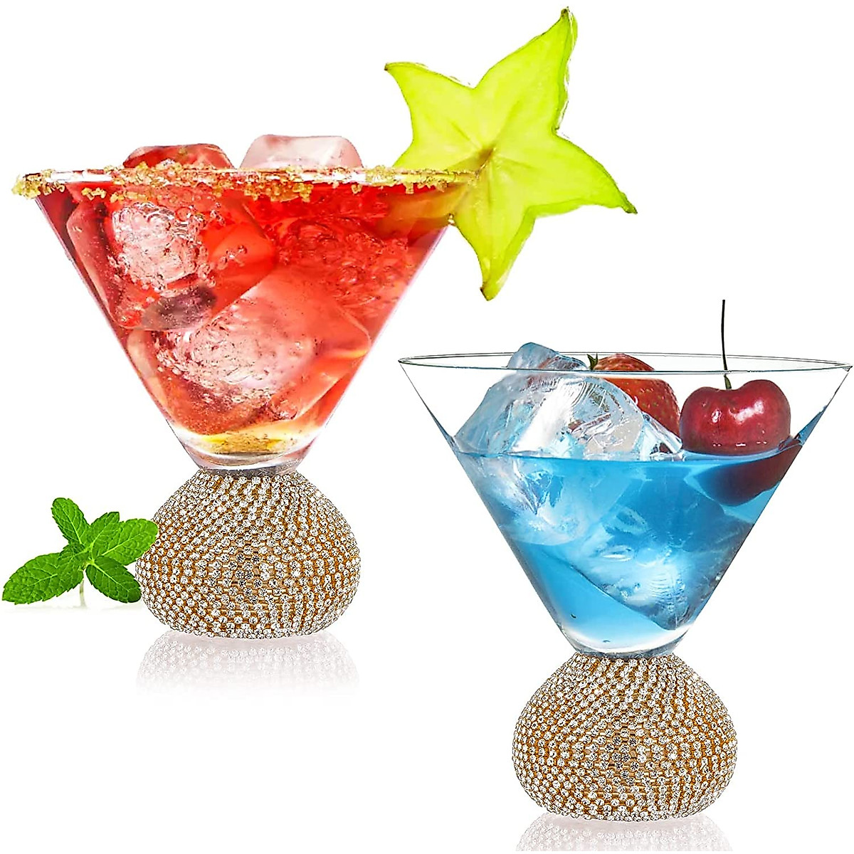 Youeon 11 Oz Stemless Martini Glasses Set of 2, Crystal Cocktail Glasses with Rhinestone Ball Base, Gold Wine Glasses for Bar, Martini, Margarita, Manhattan, Mixed Drinks, Desserts