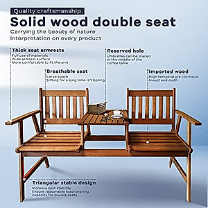 HCY Outdoor Bench, Garden Bench Patio 2 Person Chair Front Porch Decor Middle Table Conversation Sets with Umbrella Hole Backrest Armrests,for Outdoor, Park, Yard (Natural ,60 x 26x 34 Inches