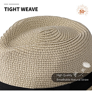 DressVoguer Straw Fedora Hat for Women Men Short Brim Panama Hat Roll Up Trilby Summer Beach Sun Hat UPF 50+ Beige