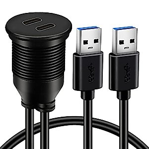 BATIGE Dual Port USB 3.0 Male to 2 Ports Type C 3.0 Female Car Flush Mount Cable USB C 3.0 Panel Mount Extension Cable for Car Truck Boat Motorcycle - 3ft