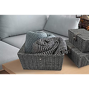 Woven Storage Basket Bin Wicker Hamper Stackable Box with Lid, Wicker Shelf Baskets Bin for Laundry Room Organizer, Set of 3 Wicker Storage Basket with Handle for Picnic, BBQ,Nursery, Baby Toiletry, Diaper, Toys
