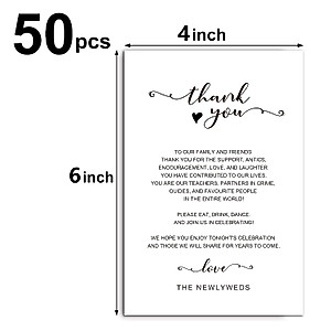 50 Wedding Thank You Place Cards, Wedding Thank You Table Signs, Menu Place Setting Card Notes and Placement Thank You Note Favors for Weddings, Receptions, Rehearsals, Dinner Parties, and Events.
