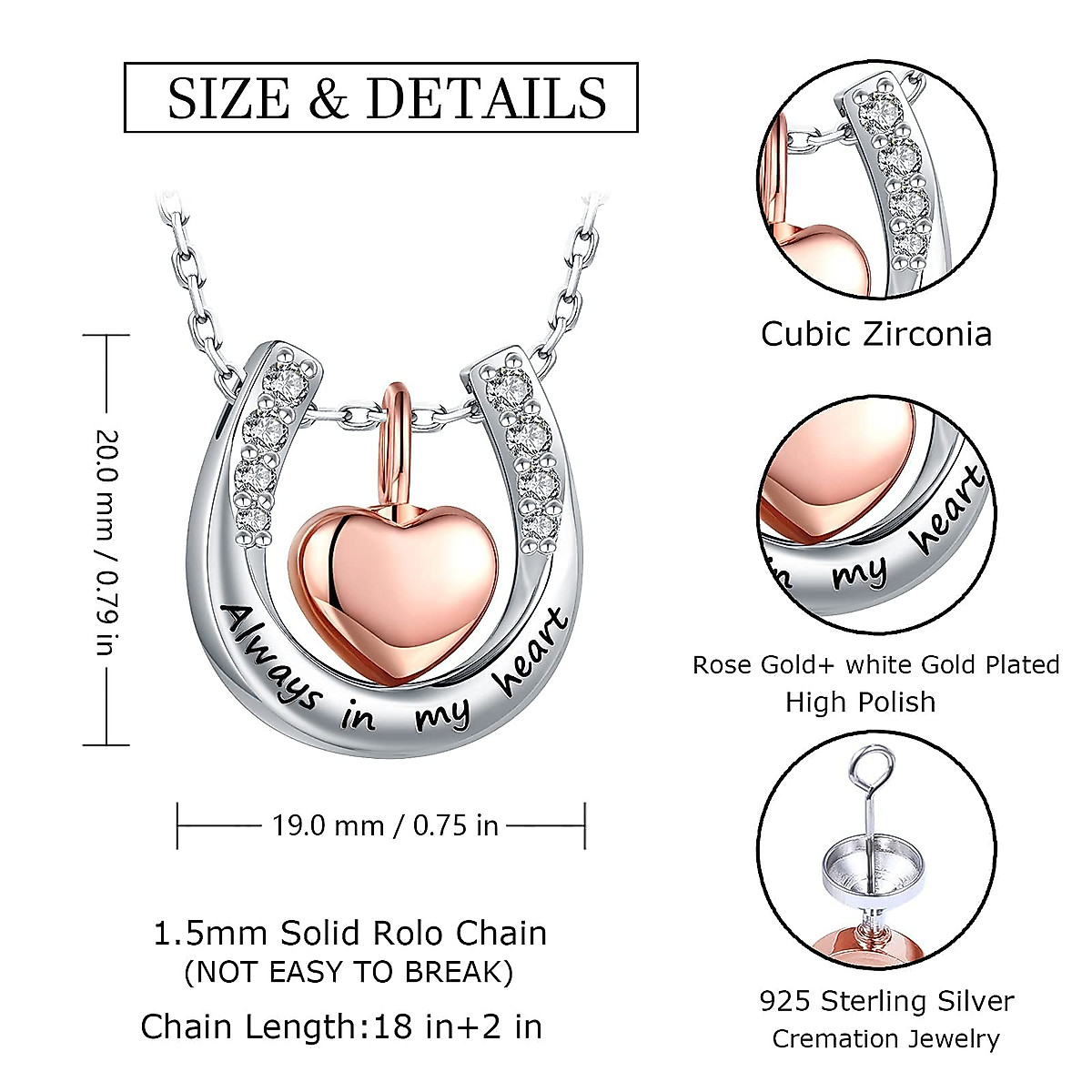 Heart-Shape cremation urn necklace for ashes - 925 Sterling Silver FAITH LOVE U CZ Pendant Necklaces Rose Gold & White Gold Plated Keepsake Memorial Jewelry (U-Heart-Shape Urn Jewelry)