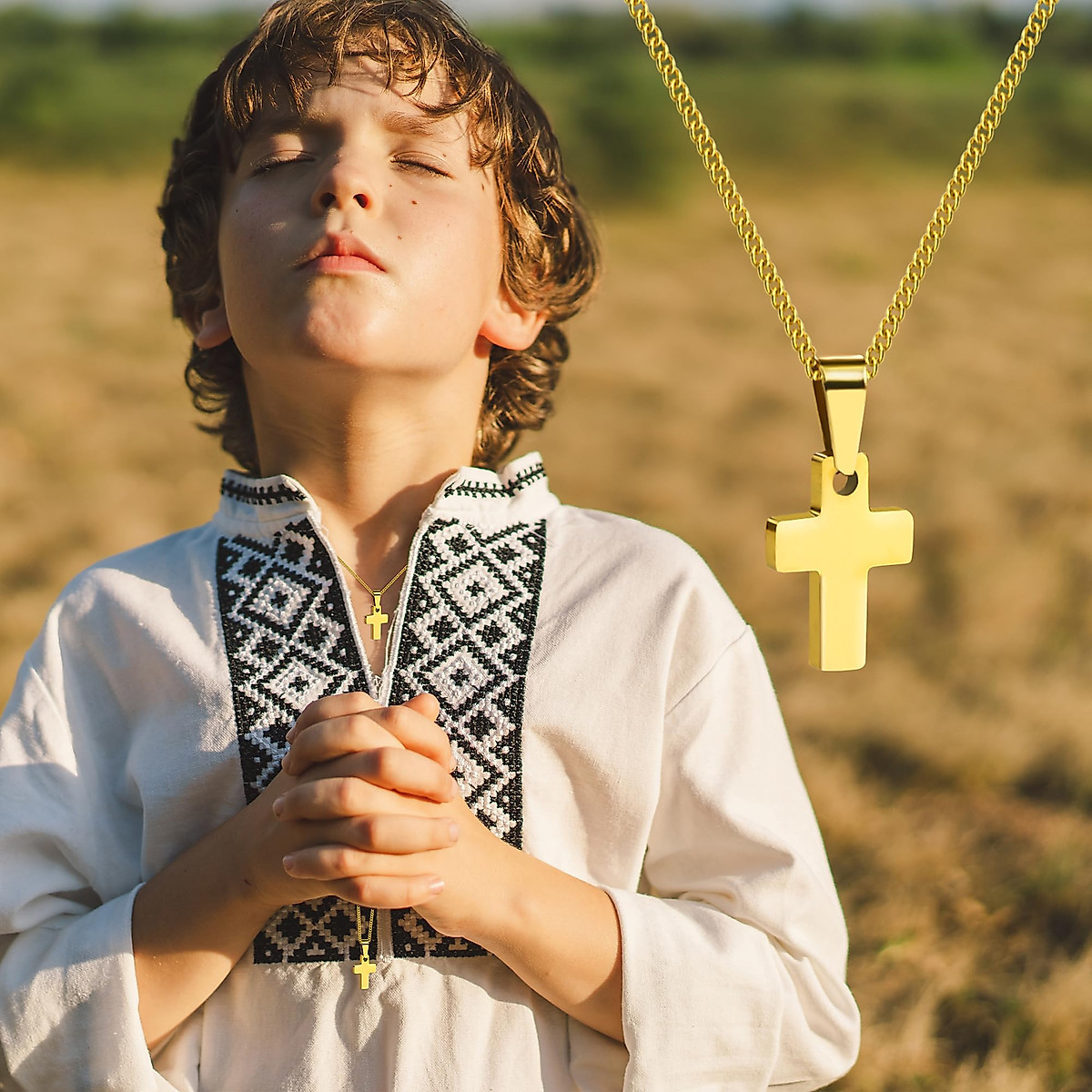 Sereney Gold Cross Necklace as Easter Basket Stuffers for Teens Boys, Cross Necklace for Boys Stainless Steel Cross Necklace as Baptism 1st Communion Gifts for Boys Easter Gifts
