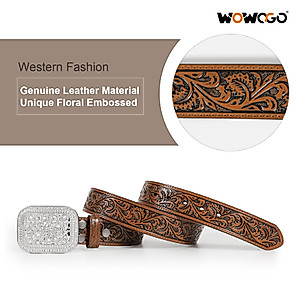 WOWOGO Women Men Western Genuine Leather Belt Cowgirl Cowboy Floral Engraved Tooled Belt Strap Embossed Scrollwork Buckle