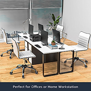 Our Modern Space 2 PACK Adjustable Ribbed Swivel Office Chair - Faux Leather, Low Back, Armless with Rolling Caster Wheels for Home, Office Vanity Dorm Workspace - WHITE