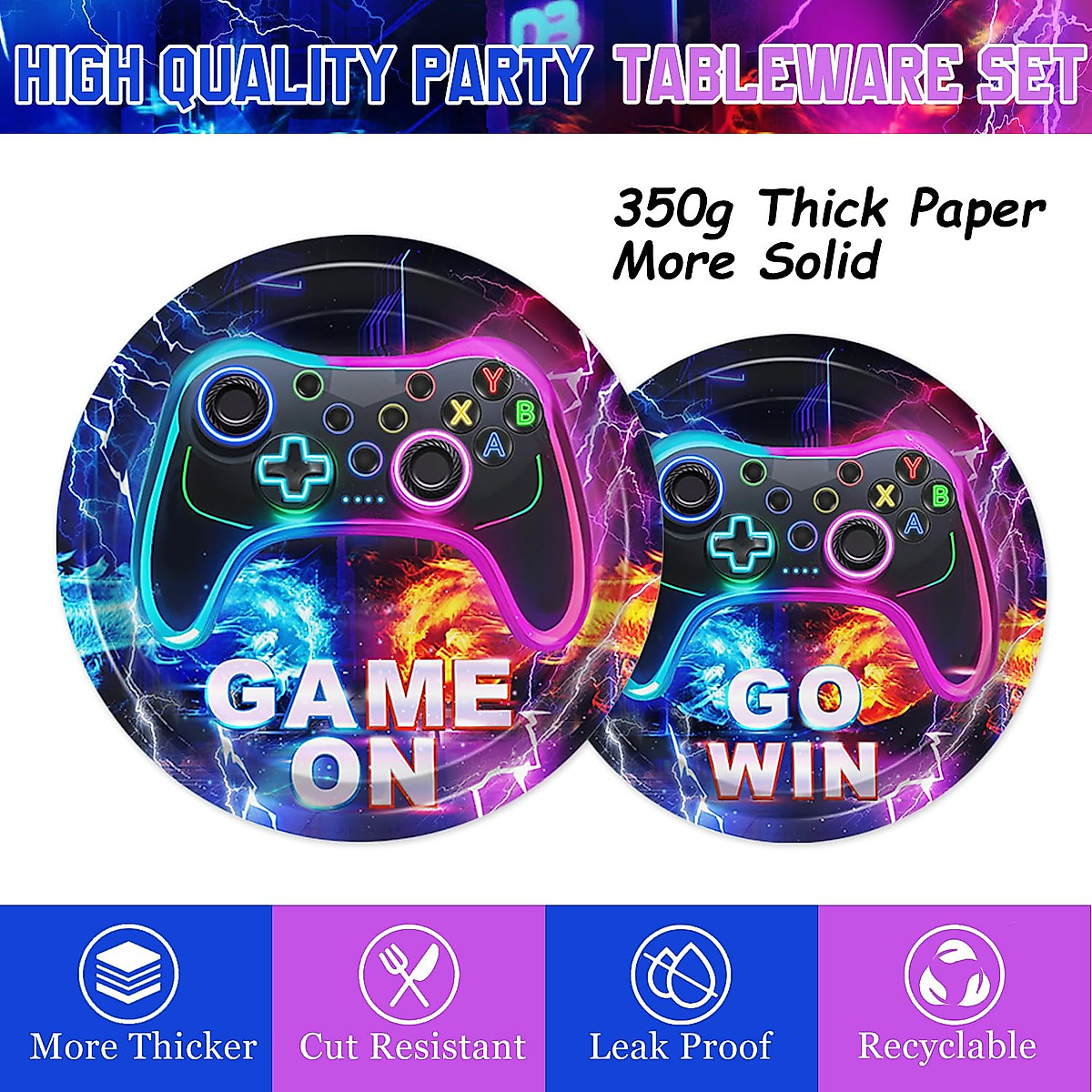 QIYANPAX 168 PCS Video Game Party Decorations Game Party Supplies Includes Plates, Napkins, Cups, Cutlery for Gamer Birthday Party Decorations, Serves 24