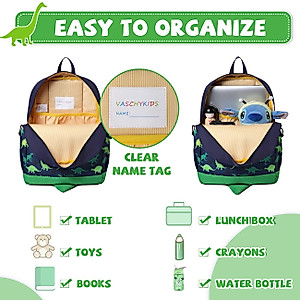 VASCHY Dinosaur Toddler Backpacks, Cute Water Resistant Little Boys Girls Backpack Chest Strap for Kindergarten,Rucksack Schoolbag Bookbag for Kids Green