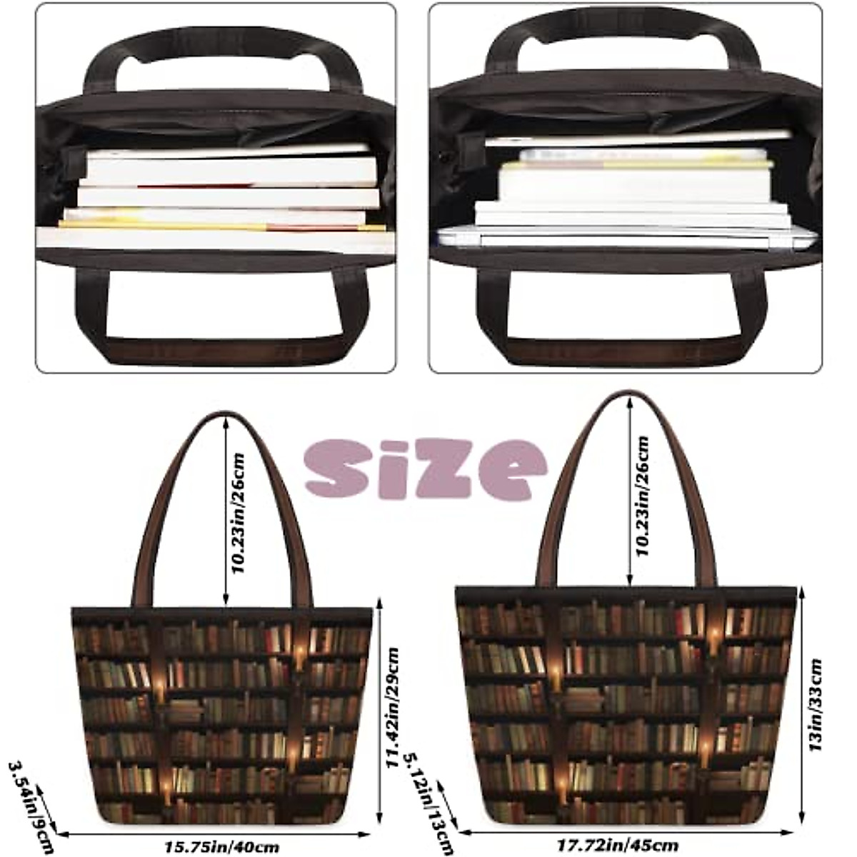 AUUXVA Women Tote Bag Medium Handbags Library Bookshelf Pattern Shoulder Bags with Zipper Satchel Bags Purse for Work Travel Beach Shopping School Gift Bags