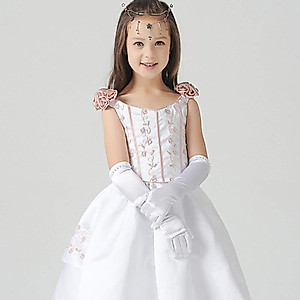 2 Pair Little Girls Long Princess Costume Glove, Creatiee White Dress Up Beading Bows Glove for Kids Party, Wedding, Birthday, Holiday, Formal Pageant (White)