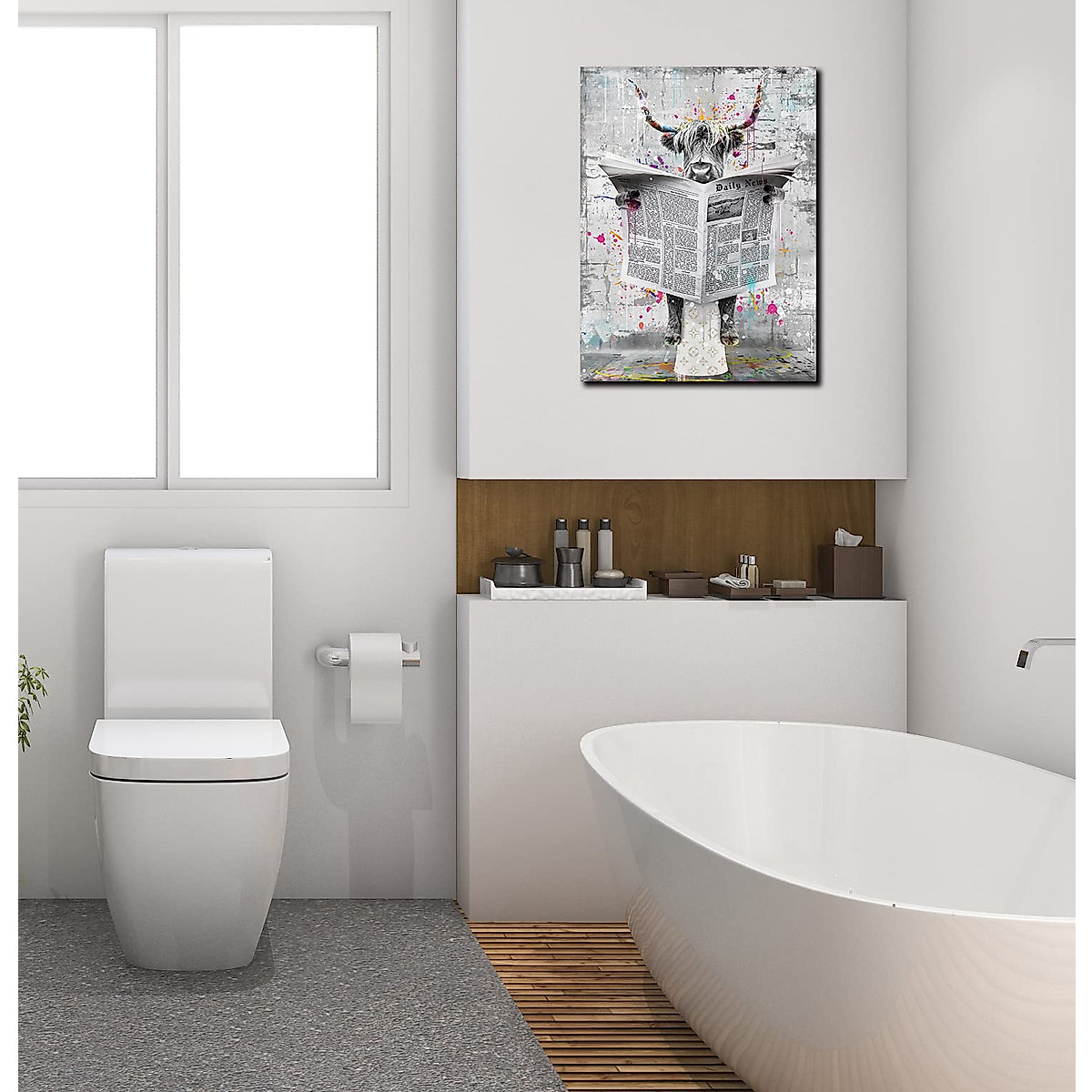 GUGIKA Highland Cow Canvas Wall Art for Bathroom, Funny Graffiti Bedroom Wall Decor, Black and White Painting for Living Room, Restroom Picture, 12x16 Inch