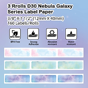 Phomemo D30 Labels - Nebula/Galaxy Series Adhesive Thermal Labels, 12mm x 40mm, 3 Rolls (160 Labels Each),Phomemo D30 Label Maker Tape for Gift Wrapping, Christmas, New Year and Various
