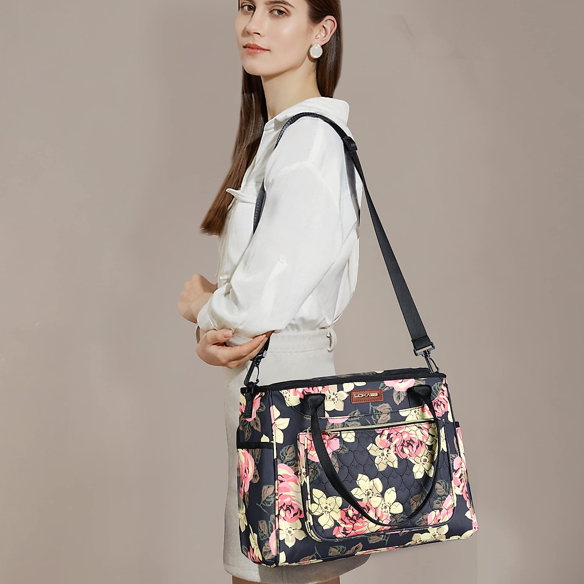 LOKASS Lunch Box - Lunch Bag Women Insulated Lunch Box for Women Teacher Nurse Tote Bag for Work Picnic or Travel Removable Shoulder Strap Side Pocket - Peony