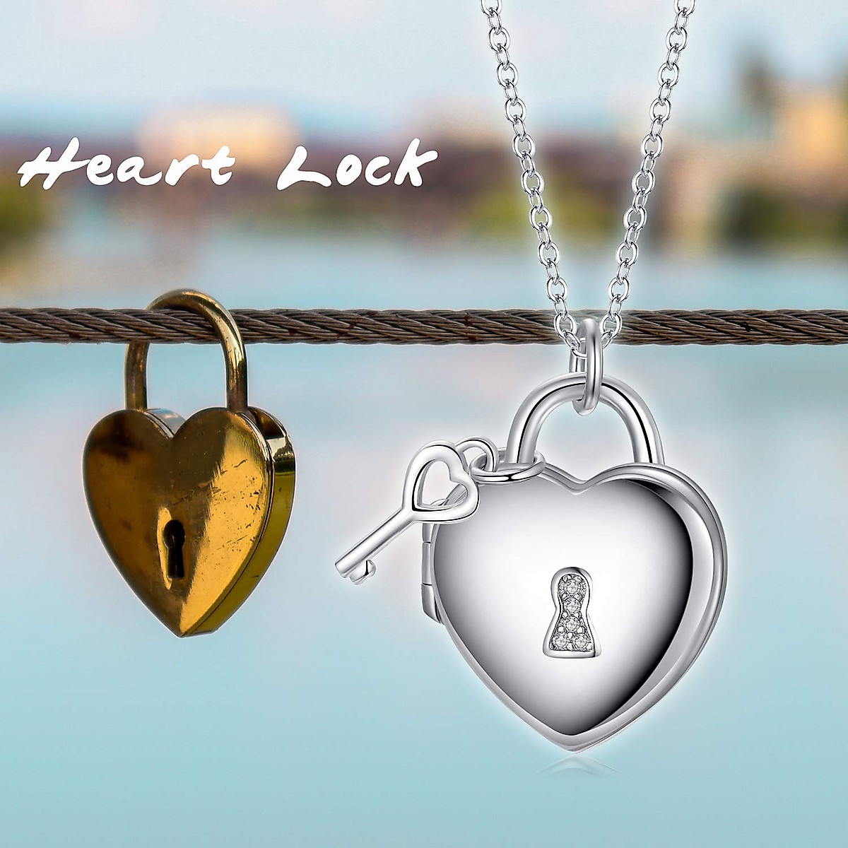 Personalized Sterling Silver Heart Locket Necklace That Holds Pictures Lock And Key Pendant for Women Mom (Lock & Key Necklace + Photos)