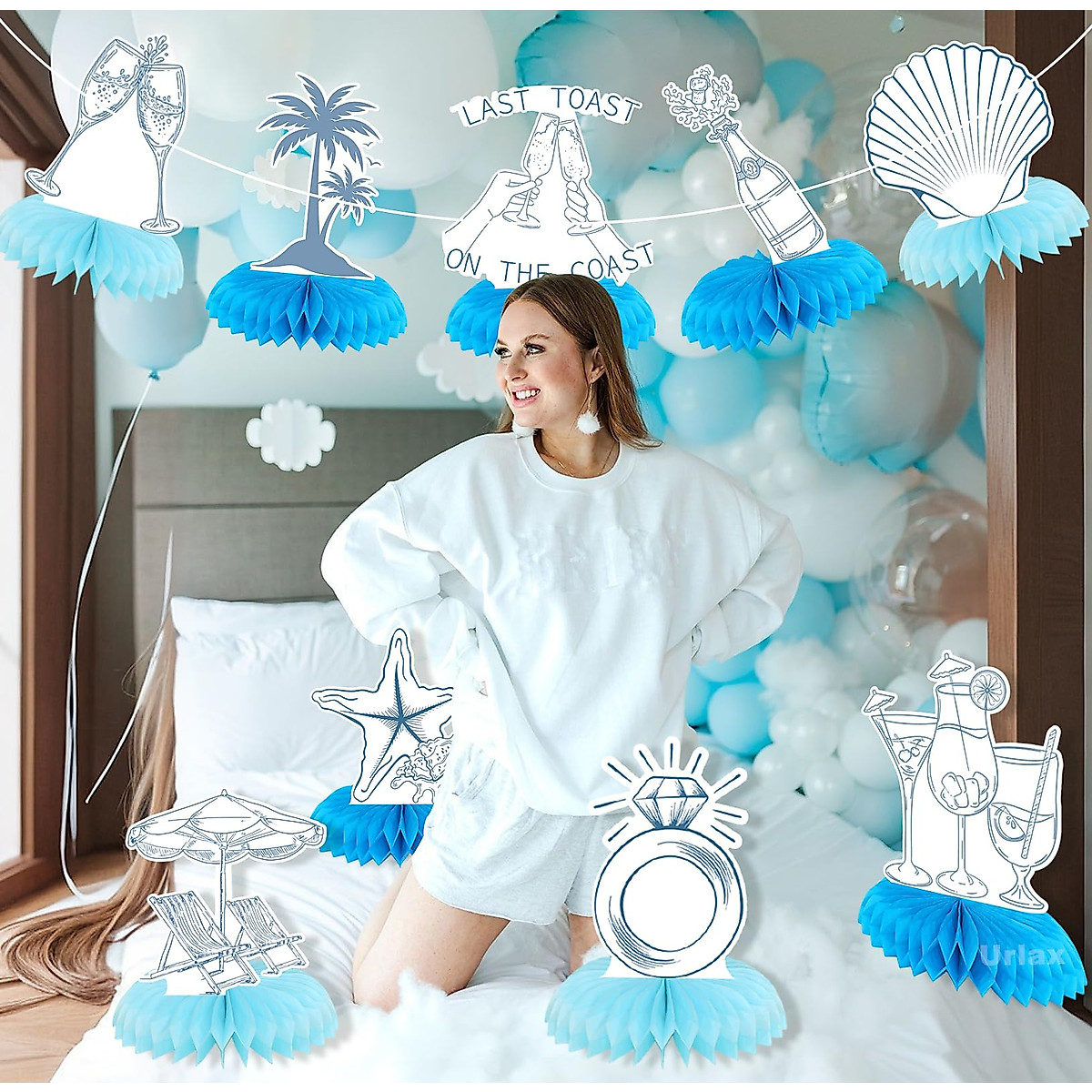 Last Toast On The Coast Party Decorations Coastal Bachelorette Honeycomb Centerpieces Blue Nautical Bachelorette Party supplies with Wine Cup Diamond Ring Shells Starfish for Bridal Shower