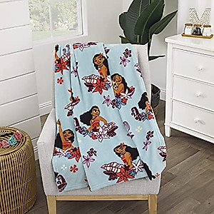 Disney Moana Feel The Waves Aqua, Coral & Violet with Pua Pig & Tropical Flowers Super Soft Toddler Blanket, Aqua, Orange, Purple, White , 40x50 Inch (Pack of 1)