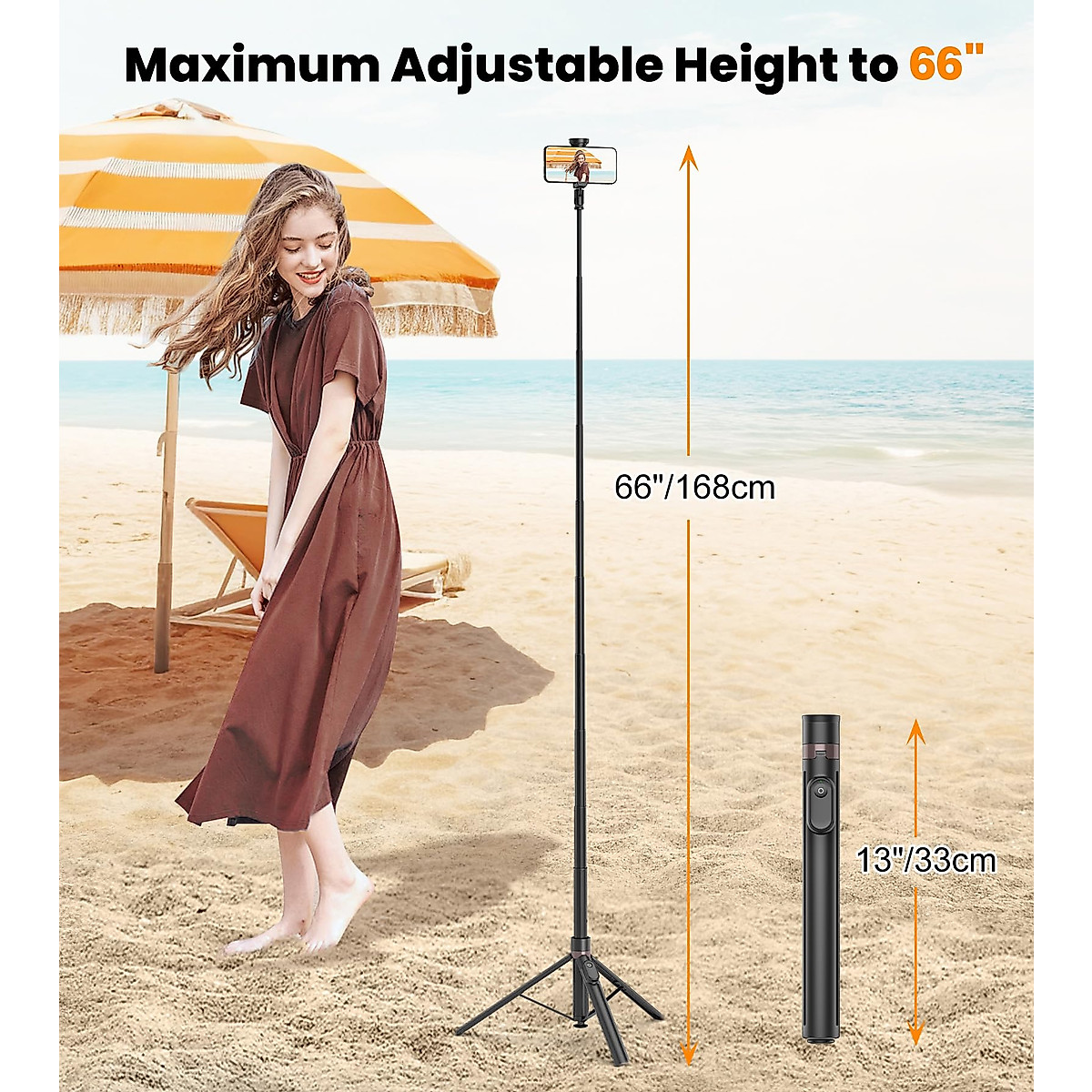 TONEOF 66" Automatic Phone Tripod with Magnetic Rechargable Remote,Selfie Stick 360° Vertical & Horizontal Rotatable,Stable for iPhone/Android(Black)