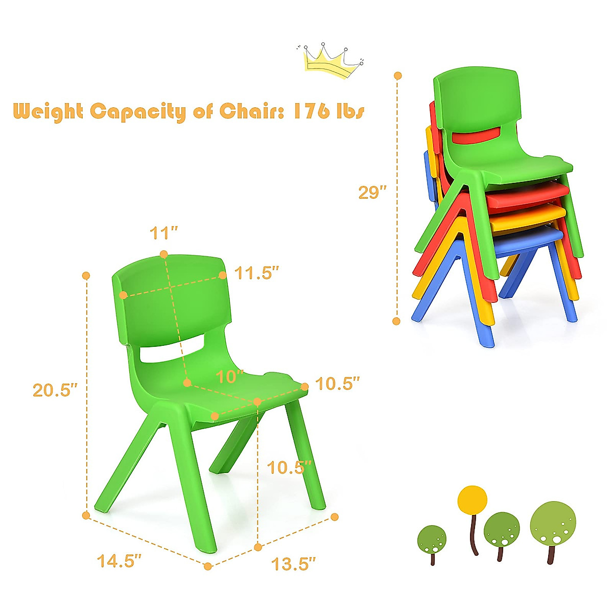 Costzon Kids Chairs, Stackable Plastic Learn and Play Chair for School Home Play Room, Colorful Chairs for Toddlers, Boys, Girls (Multicolor, 4 Chairs)