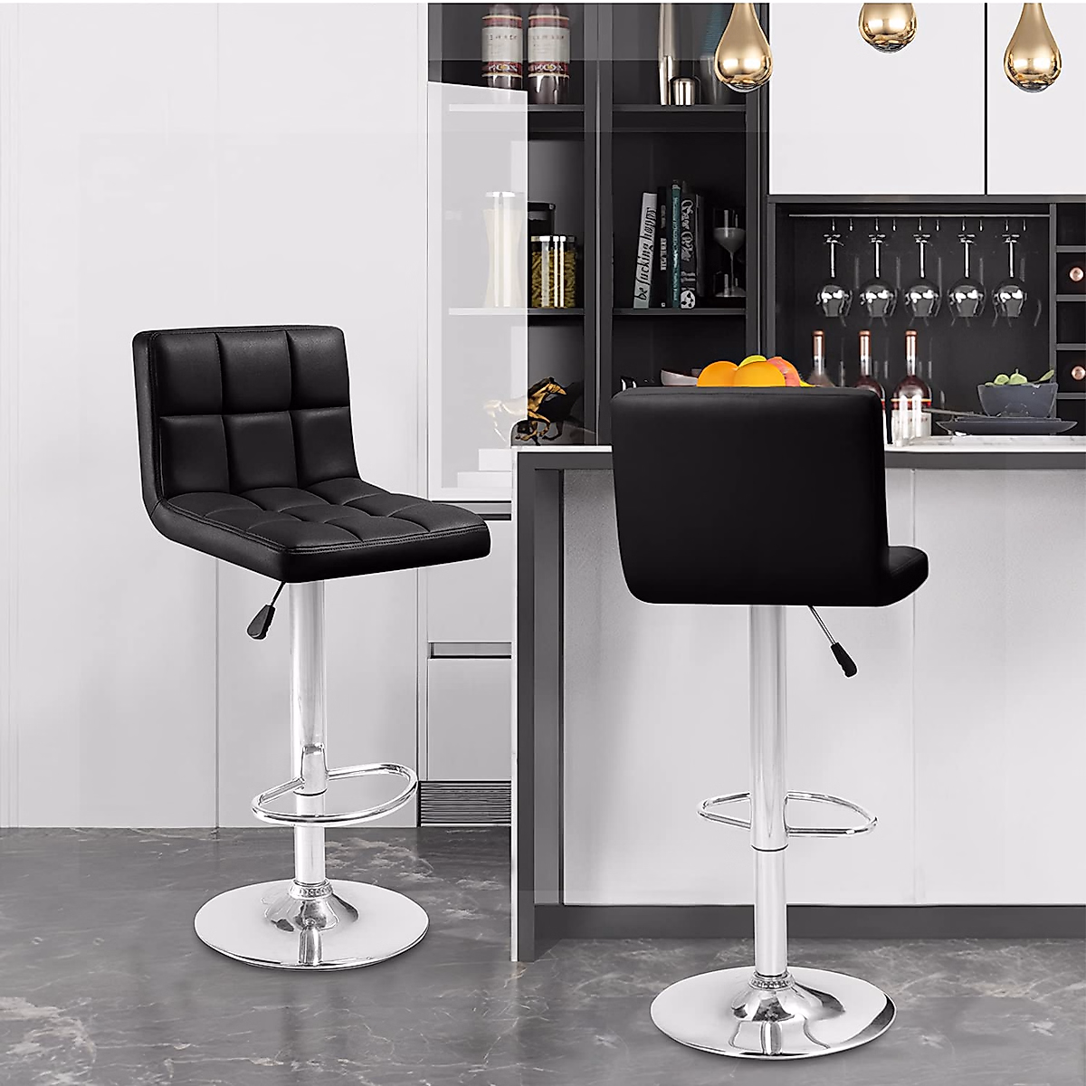 KaiMeng Bar Stools Modern Square Counter Height Barstool 22" to 33" PU Leather Swivel Adjustable Stool with Back Set of 2 for Kitchen Dining (Black)