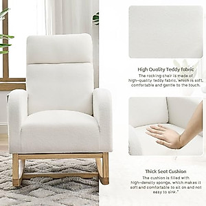JEEOHEY Rocking Chair Nursery,Teddy Fabric Upholstered Baby Glider Rocker Chair,Comfy Accent Arm Chair with Side Pockets&Solid Wood Legs,Modern Nursing Single Sofa Chair for Living Room,Bedroom(White)