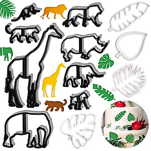 12 Pieces Tropical Leaf Cookie Cutter and Animals Cookie Cutter Hawaiian Palm Leaves Fondant Cutters Set Giraffe Elephant Lion Monkey DIY Craft Mold