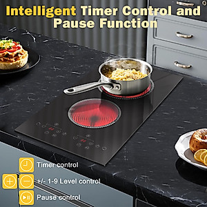 2 Burner Electric Cooktop, 12 Inch Electric Stove​ 120V 2000W Plug-in Stove Top with Timer, 9 Level Adjustment, Pause Control & Child Lock, Countertop & Built-in, Sensor Touch, Pladeca
