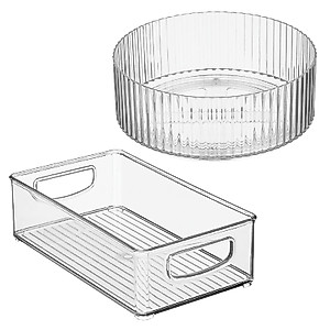 mDesign Plastic Stackable Bin with Handles and 9" Round Fluted Lazy Susan Turntable Plastic Spinner Combo Set for Organization in Bathroom, Closet, Cabinet, or Vanity Countertop - Set of 2 - Clear