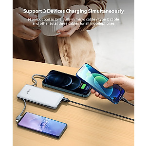 TG90° Portable Charger with Built in Cable, 10000mah Power Bank Type C USB C Cell Phone Thin Slim Lightweight Travel Tiny Charger Backup Battery Pack Compatible with Smartphones and All USB-C Devices