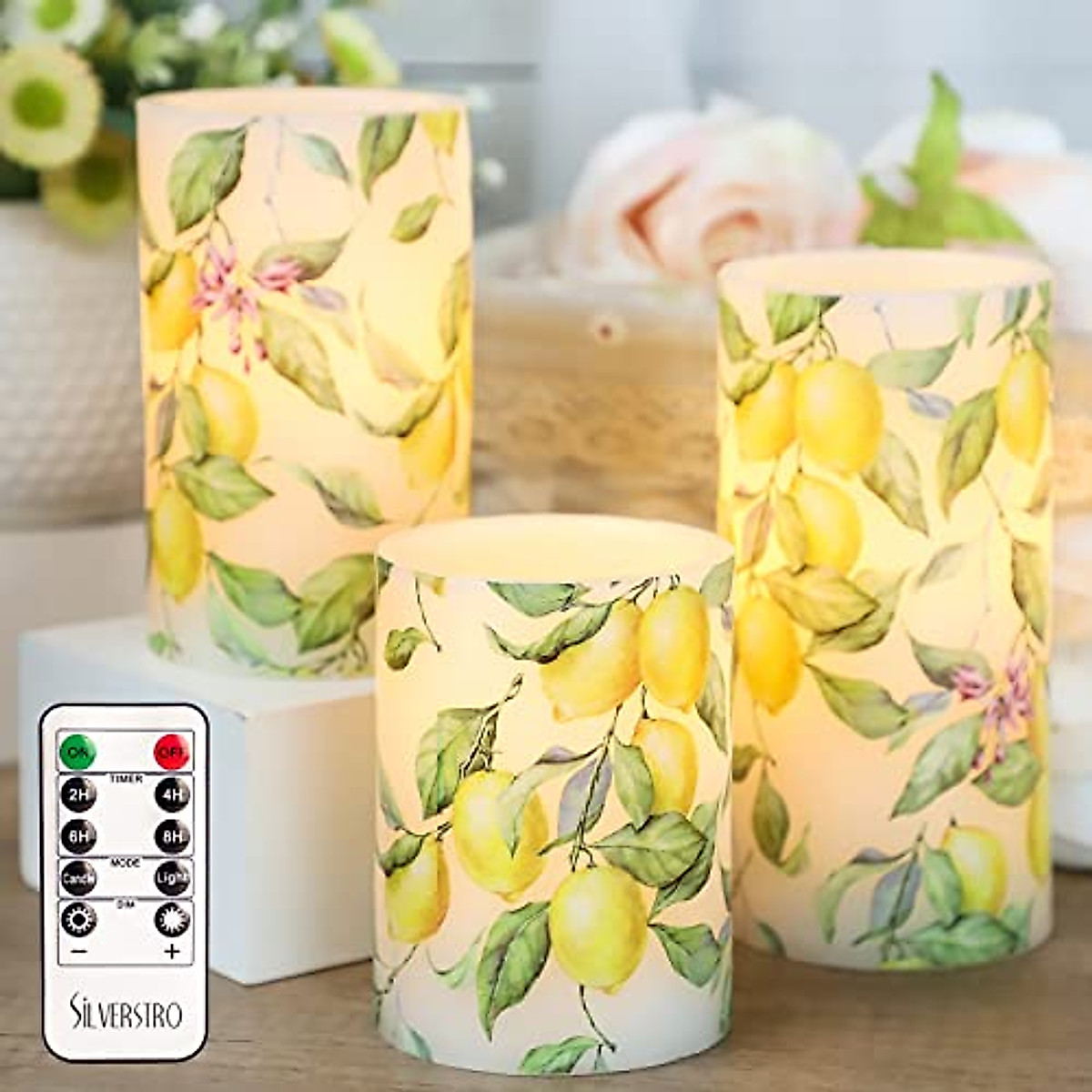 Silverstro Lemon Flameless Candles with 10-Key Remote, Lemon Tree Decal Real Wax LED Candles, Flickering Battery Operated Candles for Room Christmas Party Home Botanical Decor - Set of 3