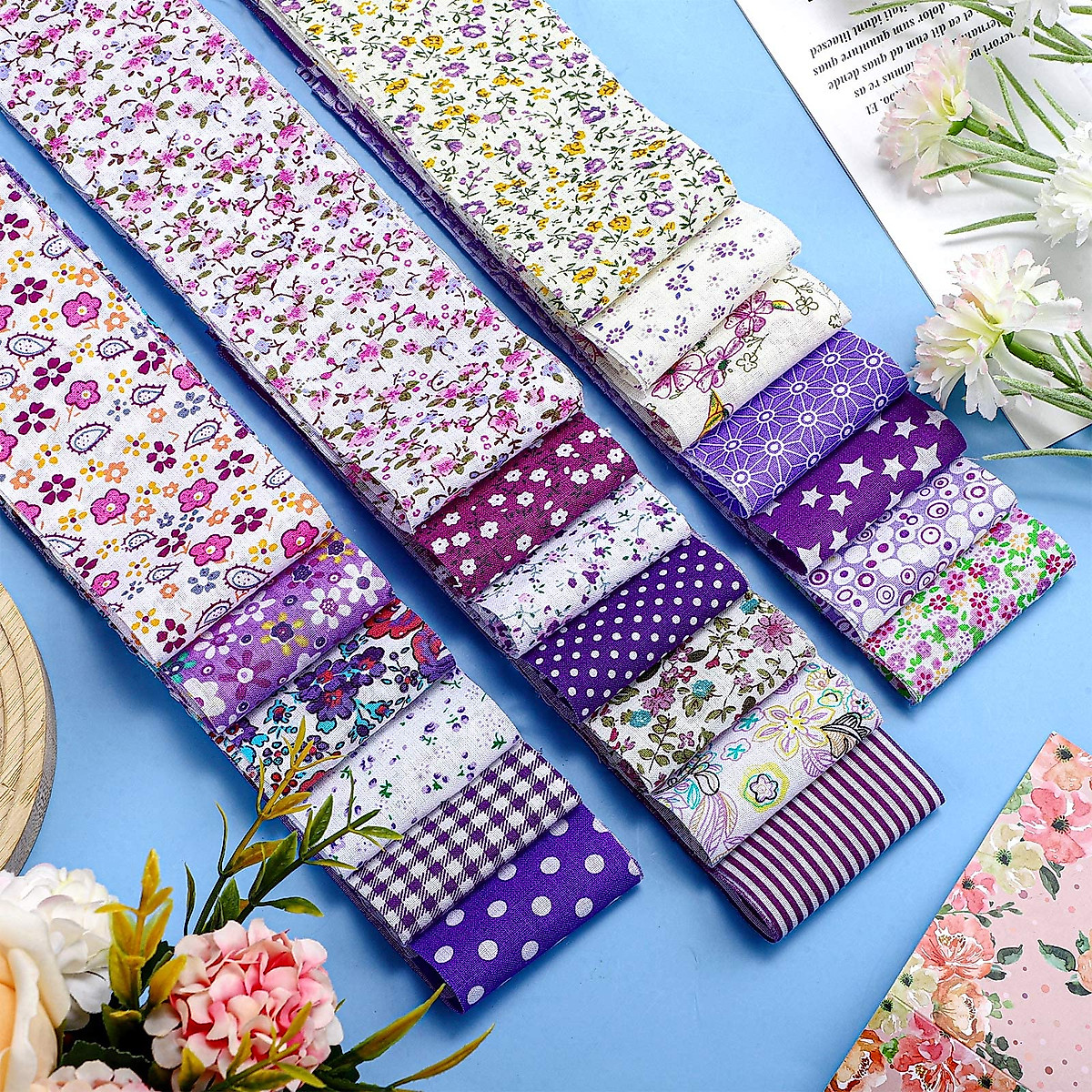 Kingdder 70 Pcs Floral Cotton Fabric Patchwork Roll 2.55 x 39.4 Inch Cotton Quilting Fabric Roll up Cotton Fabric Quilting Strips Precut Patchwork Roll for Craft Sewing DIY Crafts (Purple Flower)