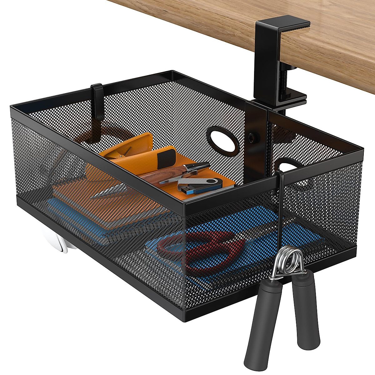 HAMOPY Under Desk Drawer Organizer, Clamp-on No Drill Under Desk Storage Drawers with 2 Cable Holes, 360° Rotatable Hidden Desk Must Haves for Home and Office Accessories