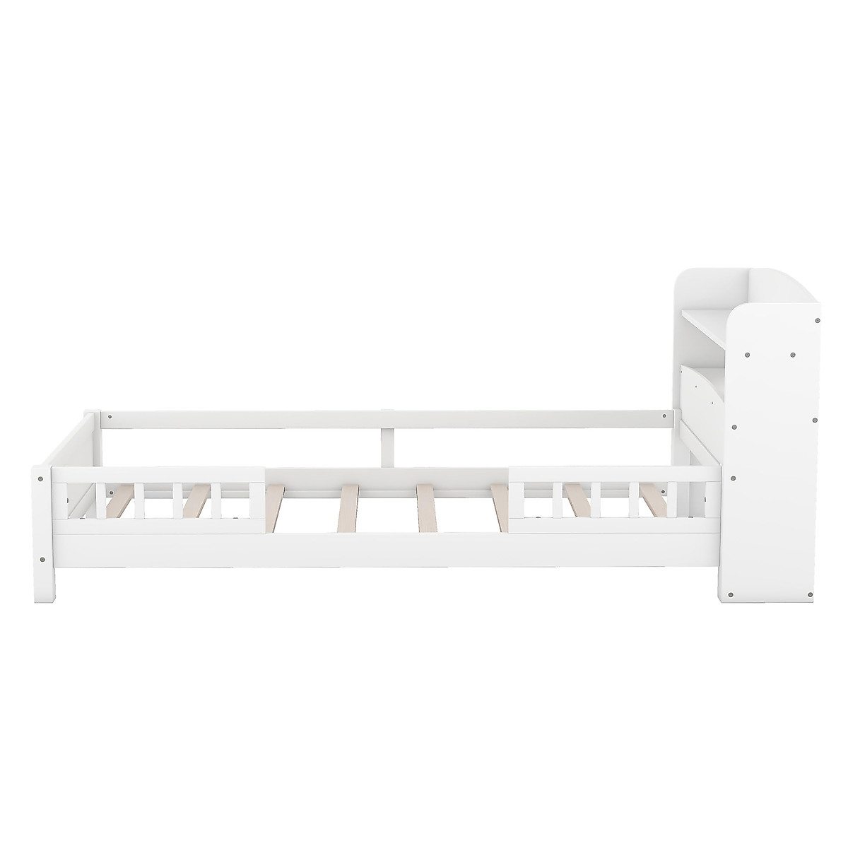 Harper & Bright Designs Kids Twin Bed with Storage Headboard and Guardrail, Wood Twin Platform Bed Frame with Built-in LED Light, for Girls Boys (Twin Size, White)