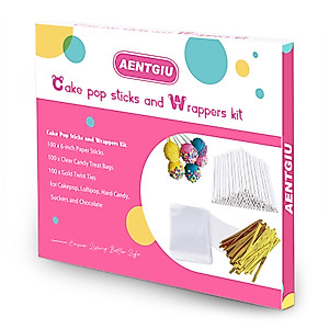 300 PCS Cake Pop Sticks and Wrappers Kit, Including 100ct 6-inch Paper Lollipop Sticks, 100ct Clear Candy Treat Bags Parcel, 100ct Gold Twist Ties for Cakepop, Lollipop, Hard Candy, Suckers, Chocolate