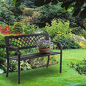 Patio Bench, 4 Feet Rust-Proof Cast Iron Park Bench, Hold 480 lbs Heavy-Duty Metal Outdoor Furniture Bench Seat, with Plastic Backrest Armrests Sturdy Steel Frame Front Porch Bench for Yard Porch