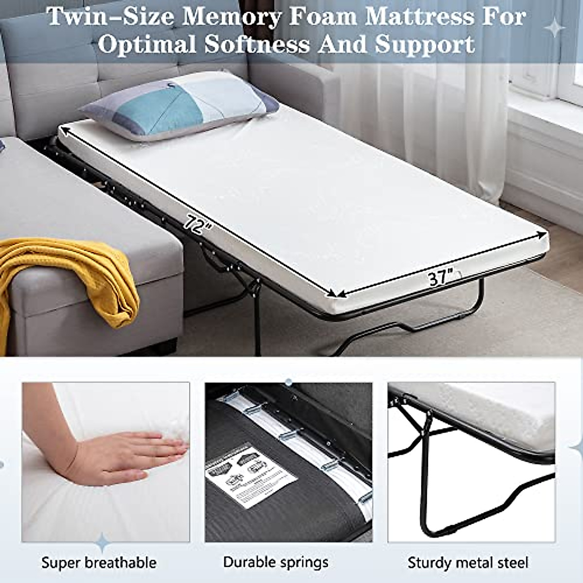 Merax Modern L-Shaped Reversible Couch with Storage Chaise, Sleeper Sofa Bed with Pull Out Mattress for Small Space Light Gray Sectional, Black