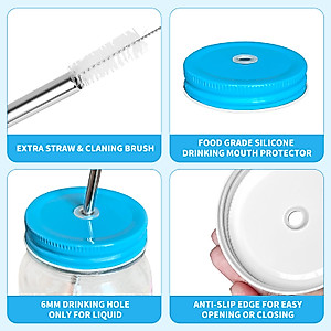 SusuBee 6 Pack Metal Drinking Lid with Straw Hole and Straws Compatible with Mason Jar Regular Mouth, 6 Colors, Dishwasher Safe