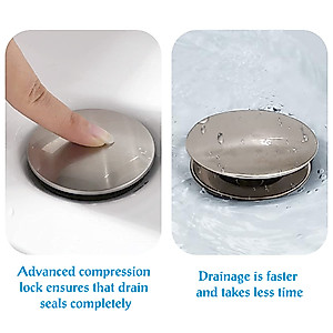 iFealClear Pop Up Bathroom Sink Drain with Overflow, Push and Seal Pop Up Drain Stopper for Faucet Vessel, Anti-Explosion and Anti-Clogging pop up Plunger Sink Drain Assembly, Brushed Nickel, 2 Pack