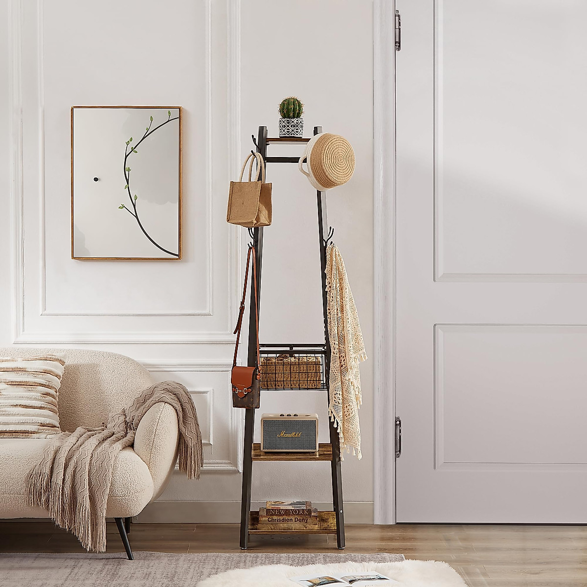 VECELO Coat Rack Freestanding, Entryway Clothes Stand with Metal Basket and 2 Shelves, Upgrade Hall Trees with 8 Dual Hooks for Bags, Hats, and Umbrellas, Industrial Styles, Vintage Brown+ Black