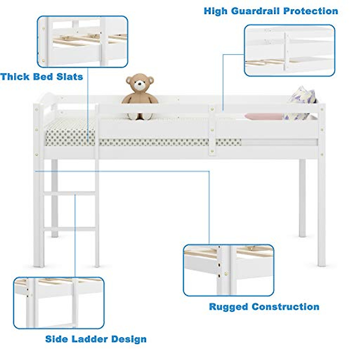 Costzon Twin Loft Bed, Solid Wood Low Loft Bed w/Guard Rail and Ladder, Boys & Girls Twin Bed for Kids Room, No Box Spring Needed, Classic Children Low Loft Bed with Storage for Bedroom, White