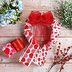 Valentine Wired Edge Ribbon, Hearts Patterned Ribbon, Heart Pattern Ribbon for Wrapping Wreath Flowers Bows, 2.5 Inch x 20 Yards in All (Light-Color Style)