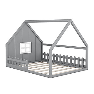 House Bed Full Size, Wood Floor Bed for Kids, Montessori Bed with Railings and Slats for Boys Girls, Low to Ground Height, No Box Spring Needed, Gray