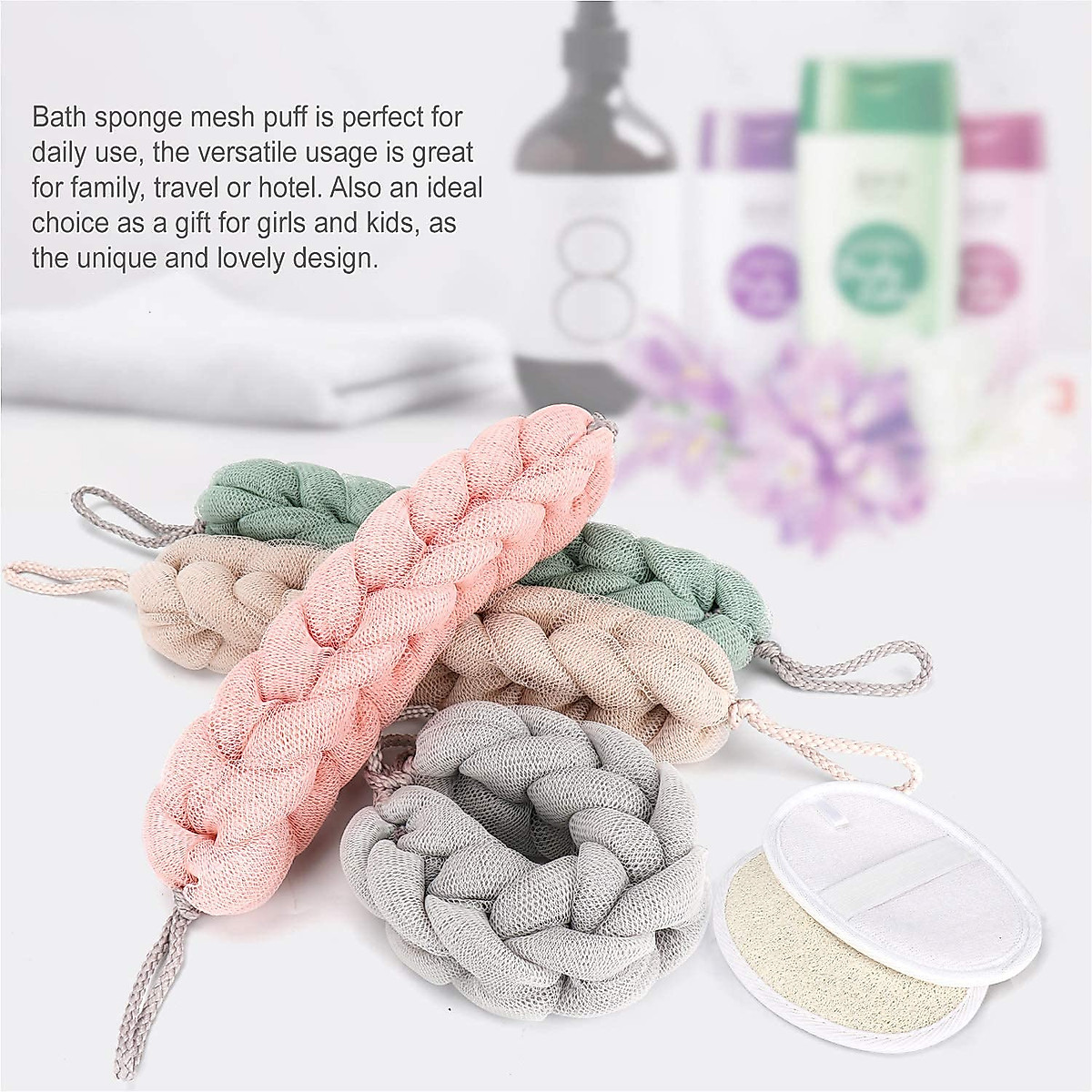 LSIWMSK 3 Pack Long Bath Loofahs Stretchable Braided Mesh Exfoliating Loofah Back Scrubber Ball Body Bath Shower Sponge 3 Colors (3 x Bath Sponge + 2 x Loofah Pad)