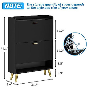 Osfvolr Shoe Cabinet with 2 Flip Drawers, Free Standing Tipping Bucket Shoe Rack Organizer with Top Cubby, Shoe Storage Organizer with Open Shelves for Narrow Closet, Entryway, Black