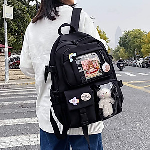 Kawaii Backpack, with Kawaii Pin and Cute Accessories Backpack Cute Aesthetic Backpack for School Capacity Rucksack(02-Black)